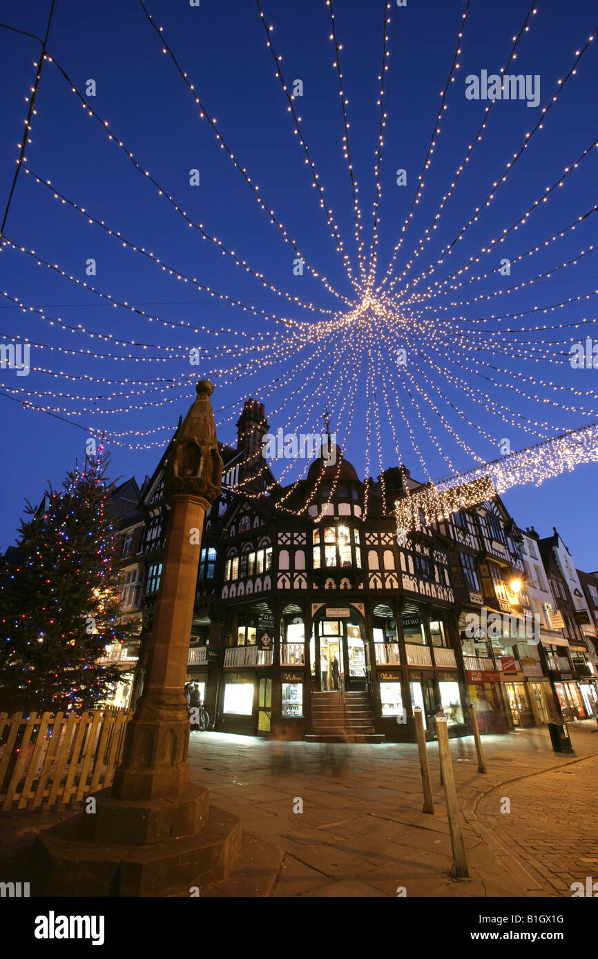 City of Chester, England. Evening Christmas lights view at the High ...