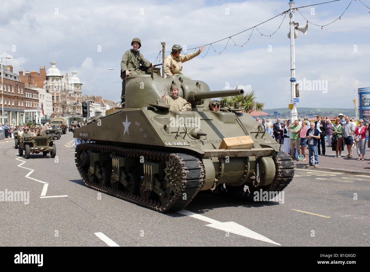 WW2 Sherman Tank is paraded through the Streets of Weymouth England ...