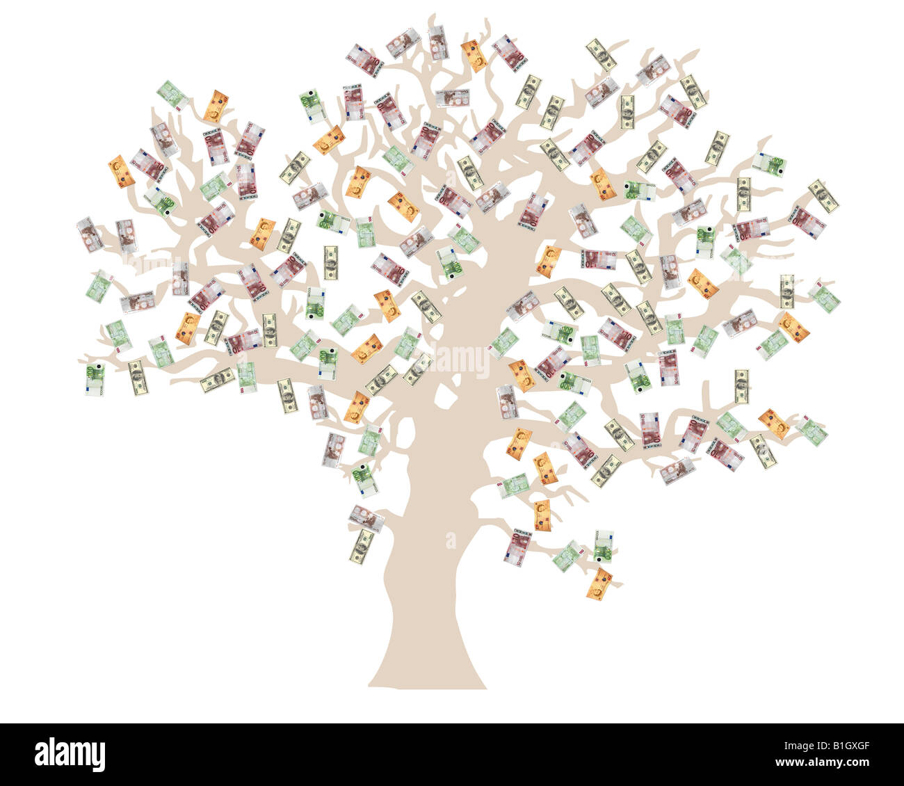 Money tree. Conceptual tree illustration with different currencies: USD ...