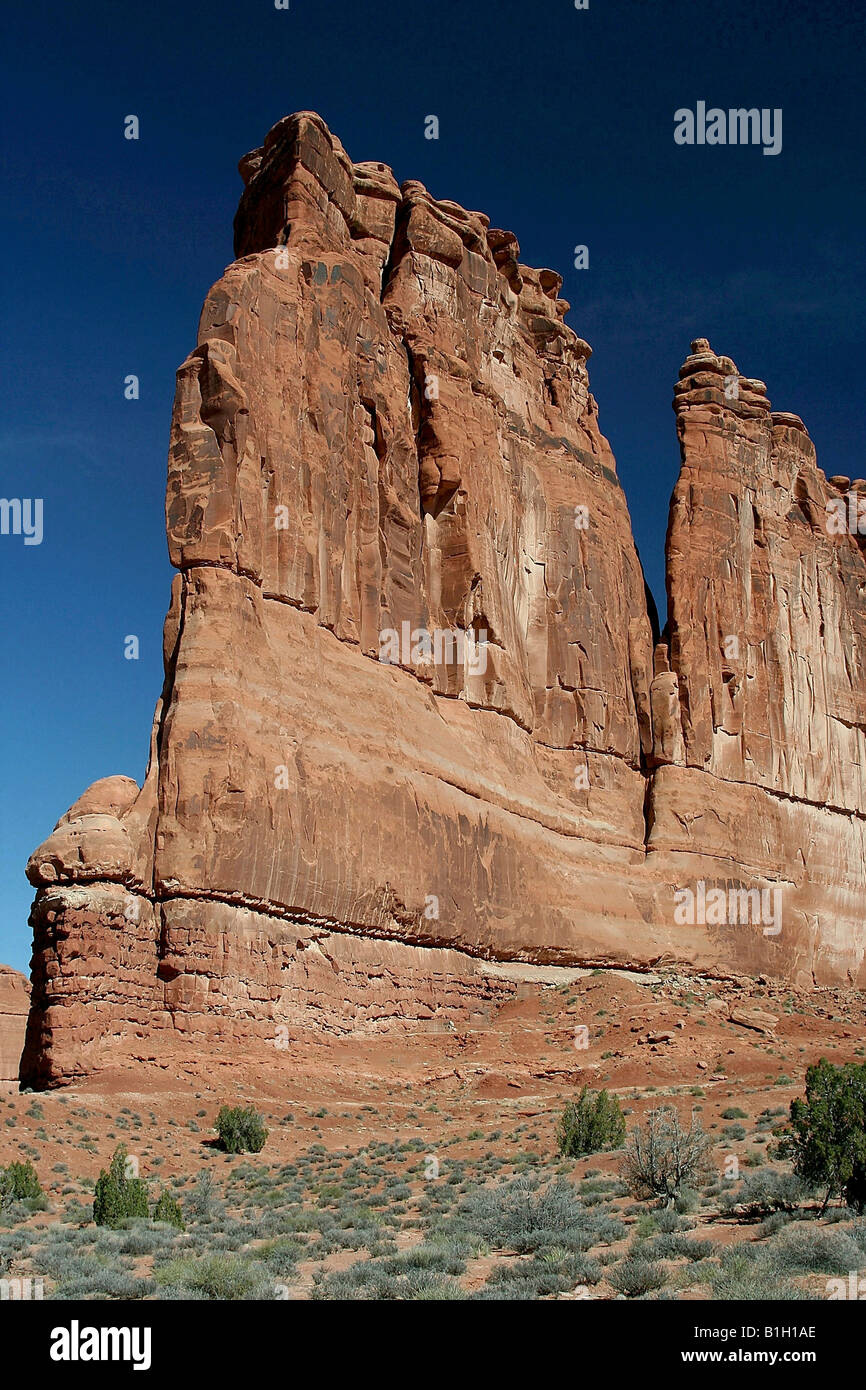 Low angle view of rock formations on a landscape, Courthouse Towers ...