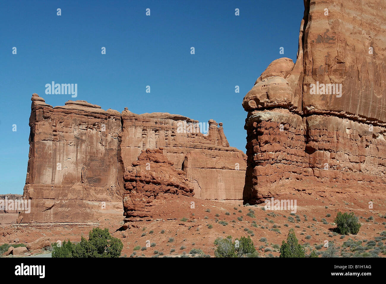 Low angle view of rock formations on a landscape, The Organ, Arches ...