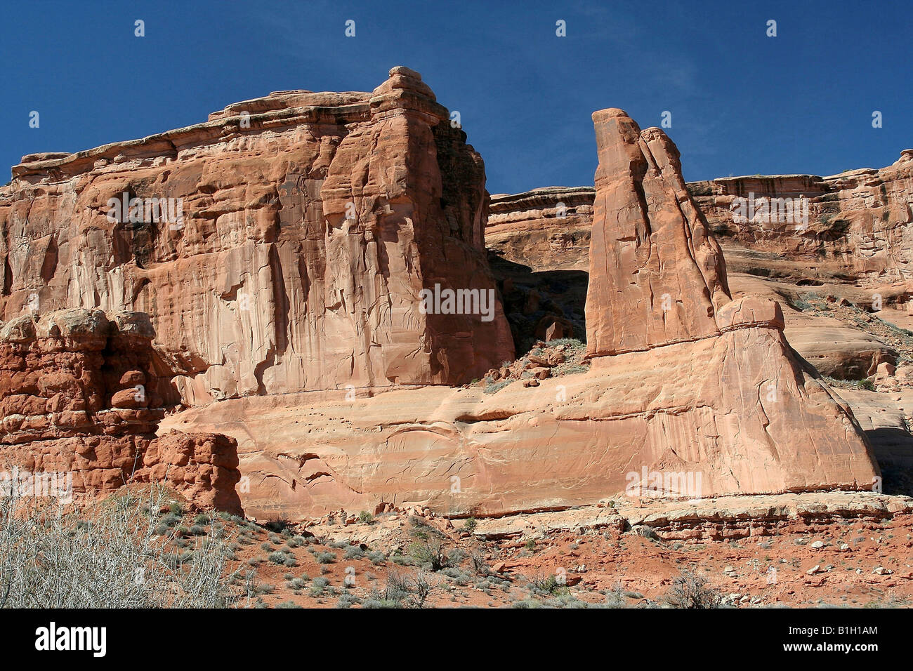 Low angle view of rock formations on a landscape, Arches National Park ...