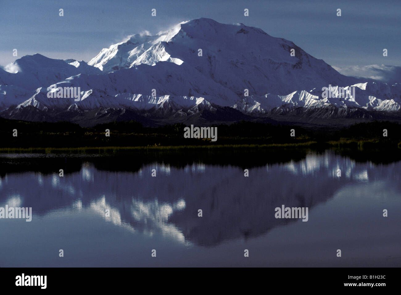 Reflection of a snow covered mountain in a pond, Mt McKinley, Denali ...