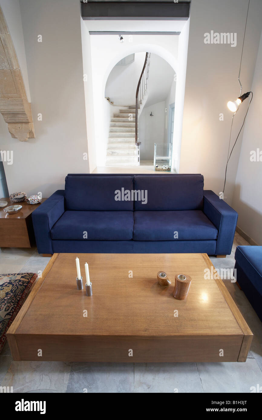 Cyprus, staircase seen through arch of living room in restored antique ...