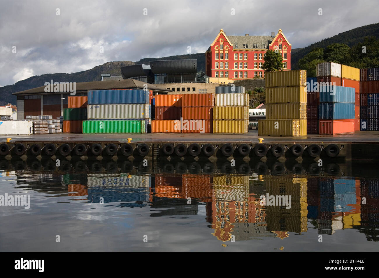 Reflection of cargo containers in water, Bergen, Norway Stock Photo - Alamy