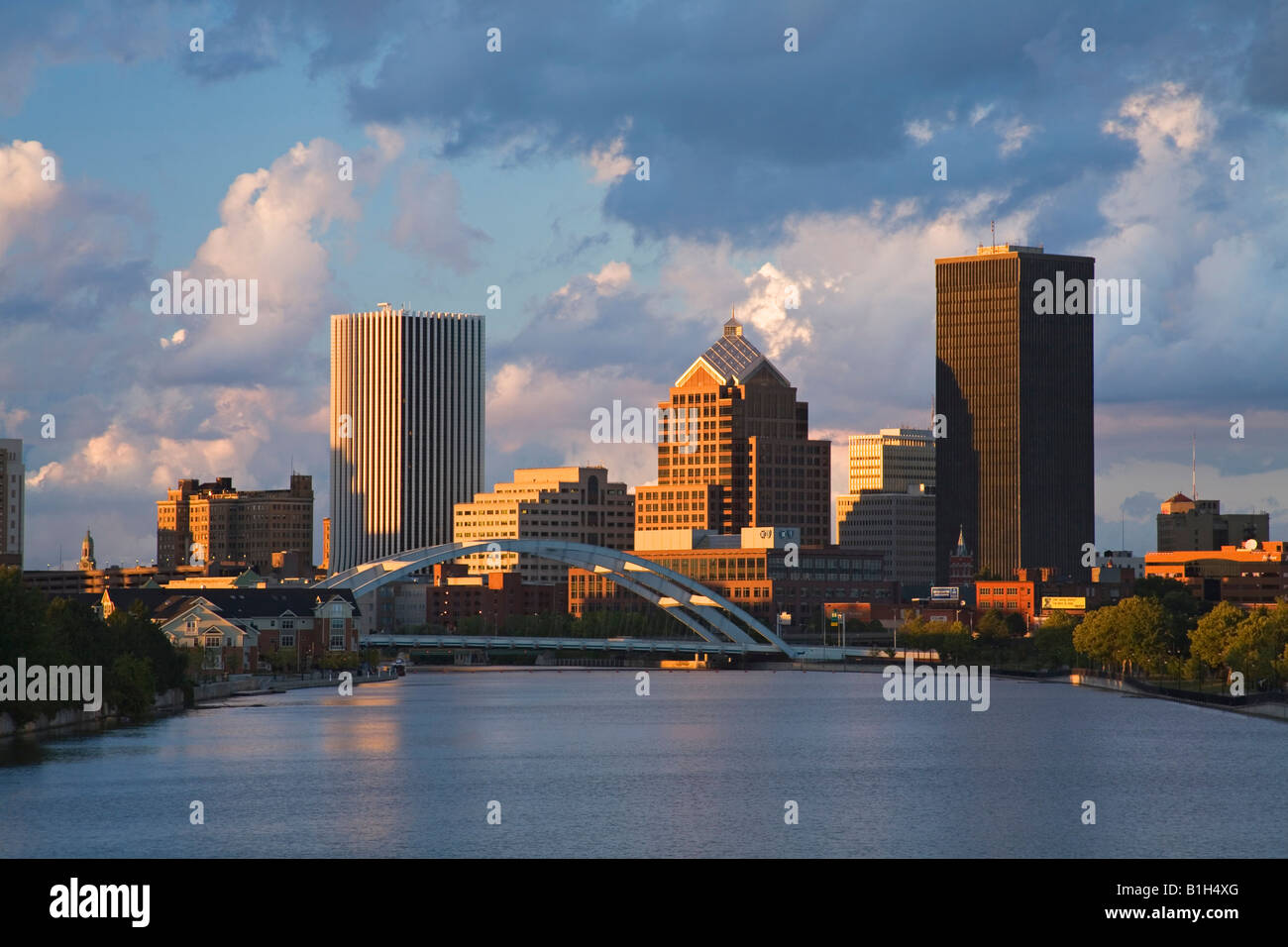 Buildings at the waterfront, Genesee River, Rochester, New York State ...