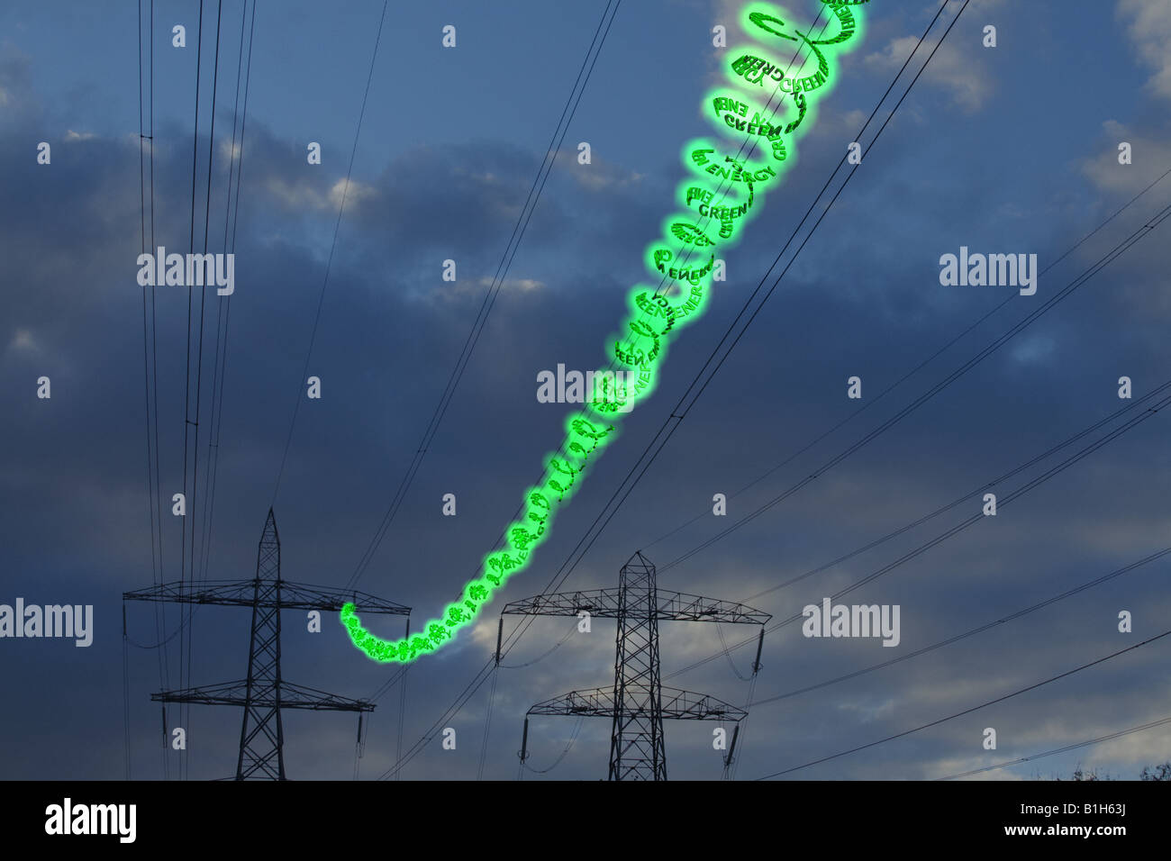 Green energy written on power lines Stock Photo - Alamy