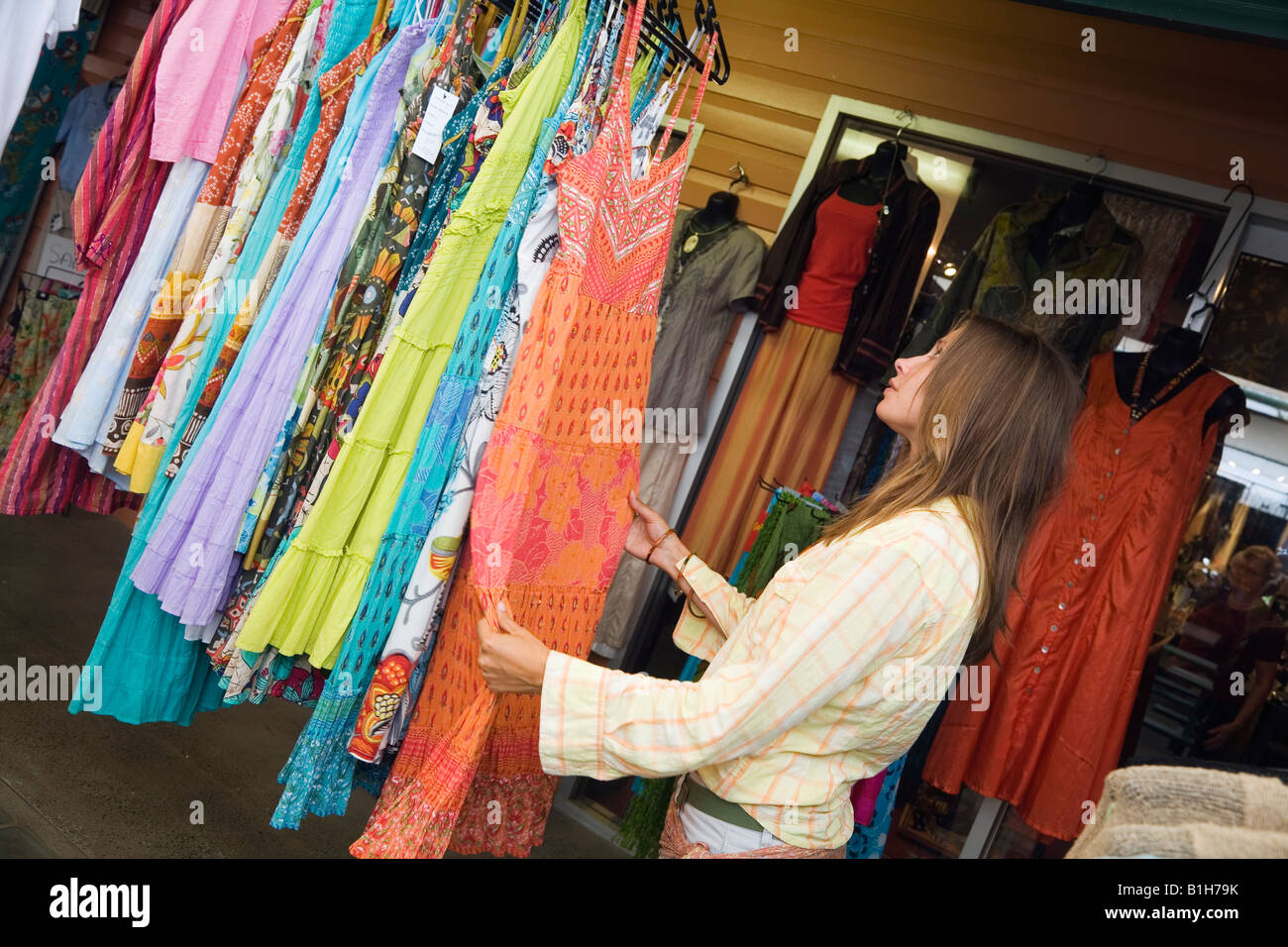 Kuranda market clothes shopping - Kuranda, Queensland, AUSTRALIA Stock ...