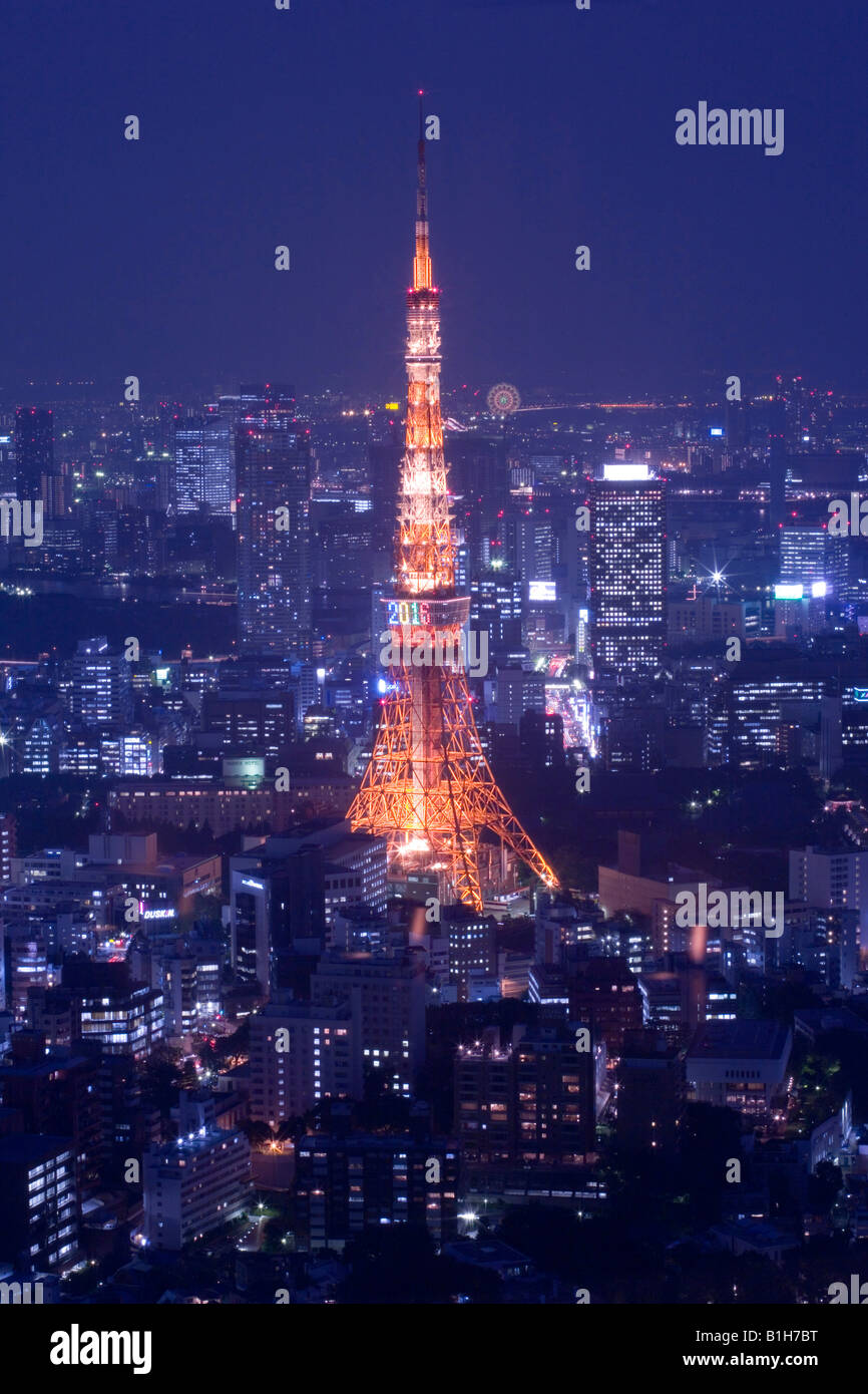 Aerial view of a tower in a city, Tokyo Tower, Tokyo Prefecture, Japan ...