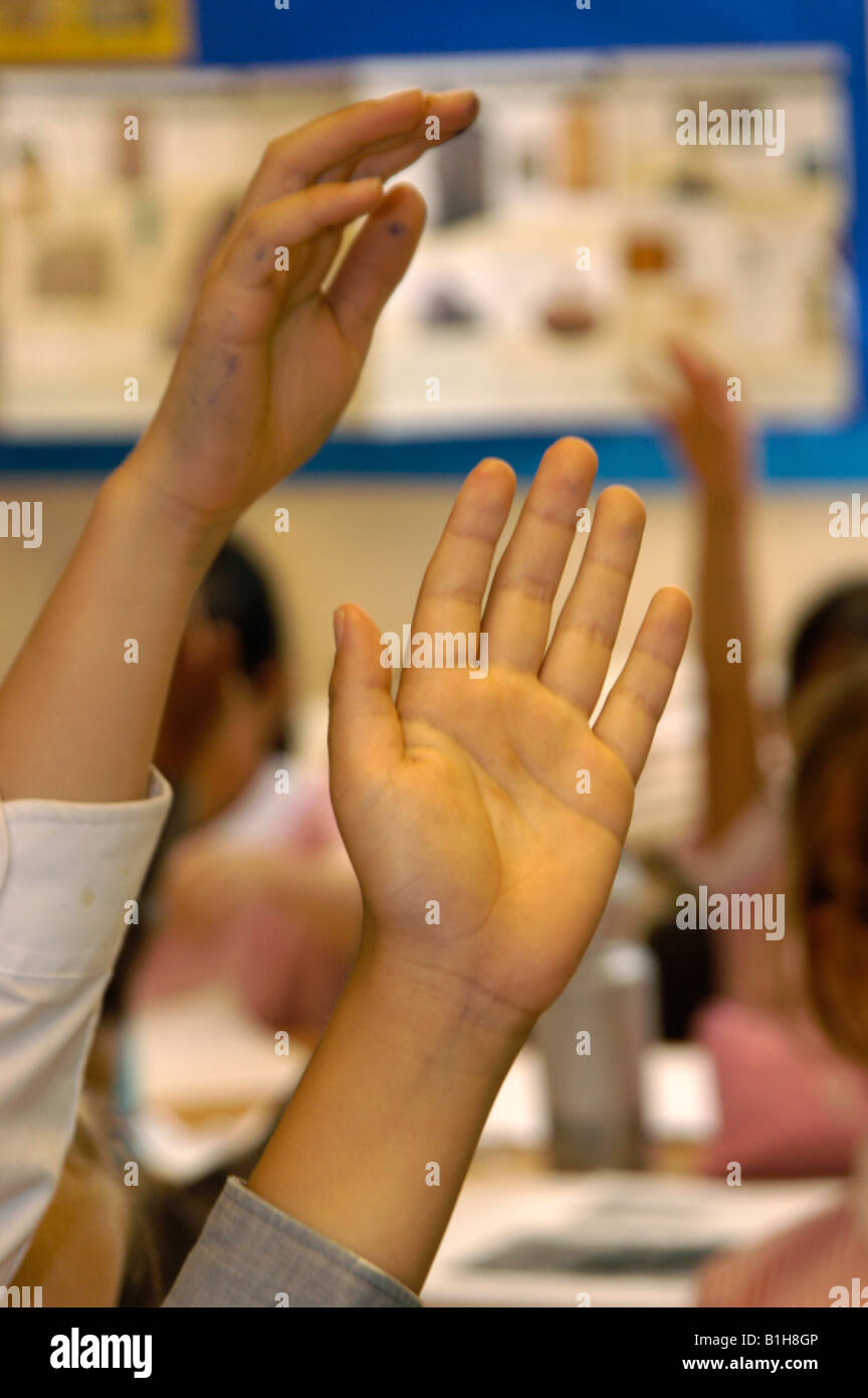 schoolchildren raising their hands in class Stock Photo - Alamy