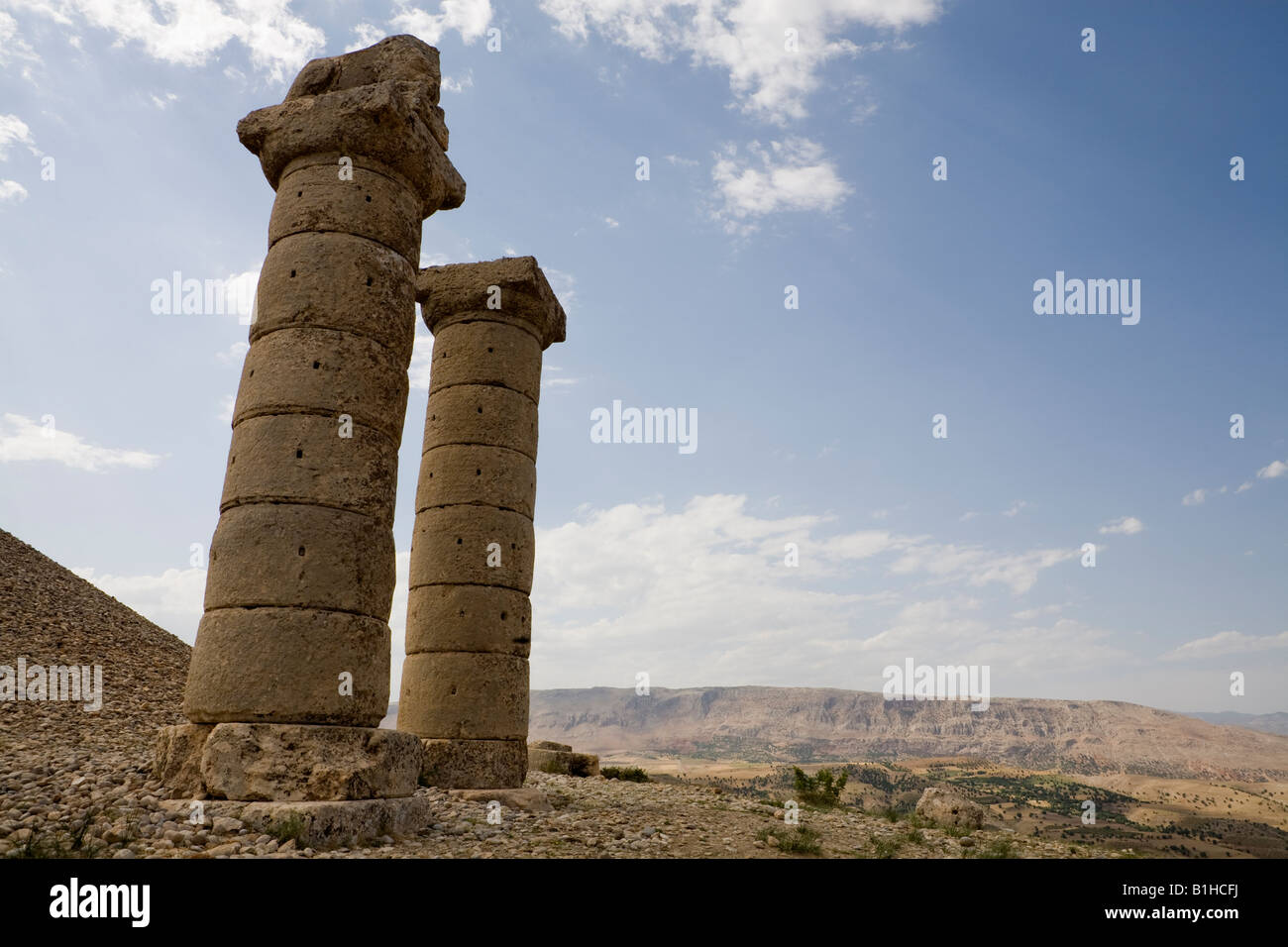 Columns on the Eastern terrace of Karakus Tumulus in Nemrud National ...