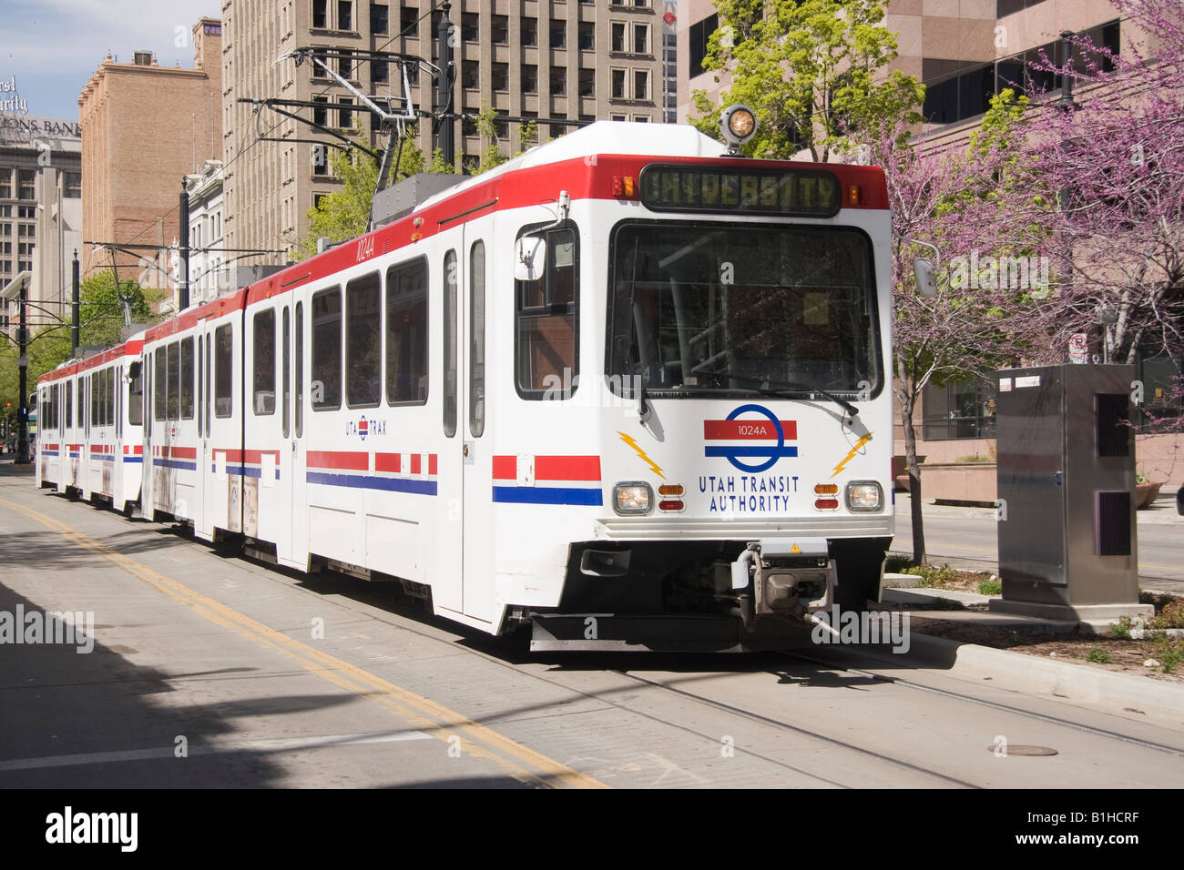 Trax commuter light rail train on Main Street in downtown Salt Lake ...