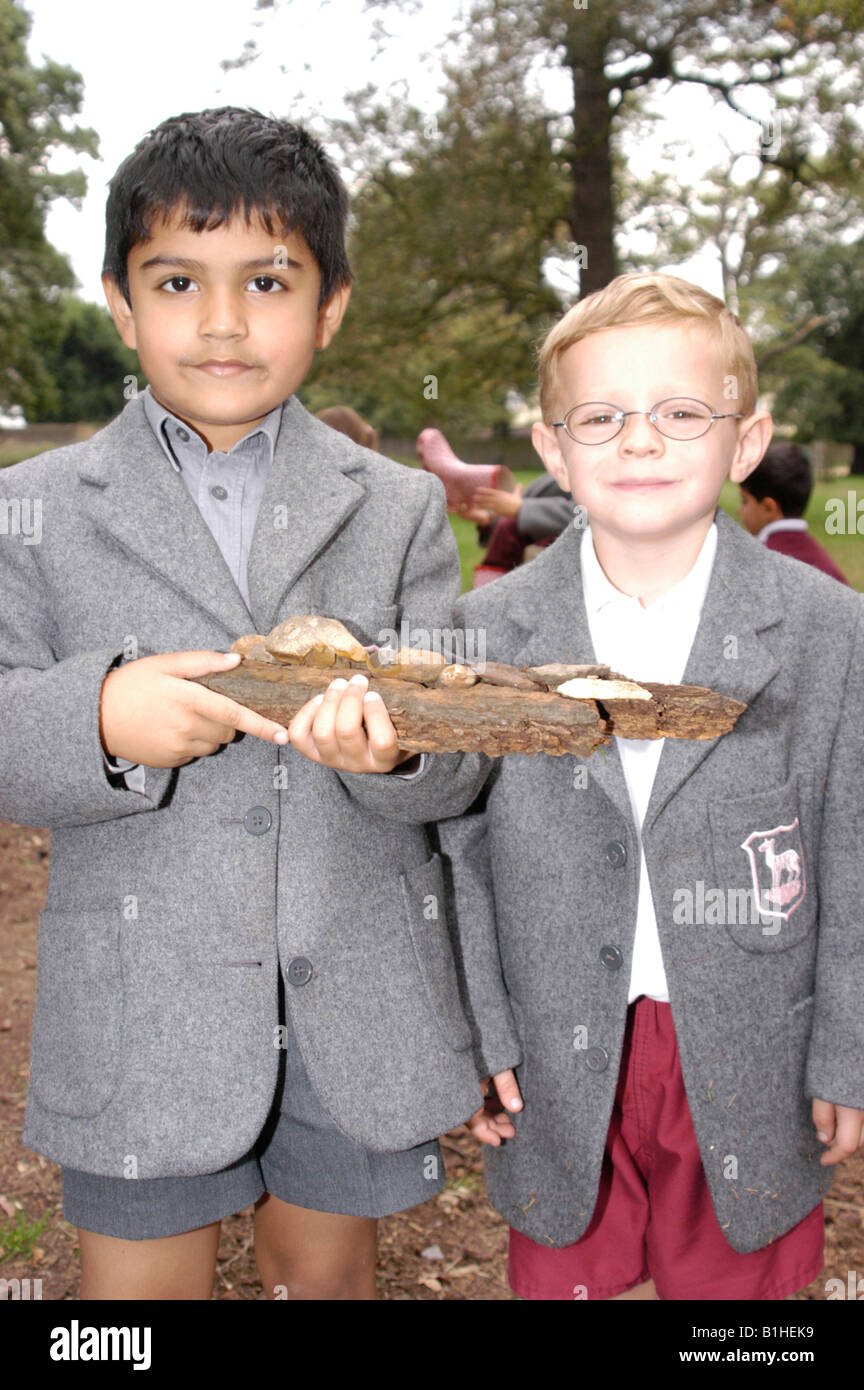 2 boys in park holding a log in school uniform Stock Photo - Alamy