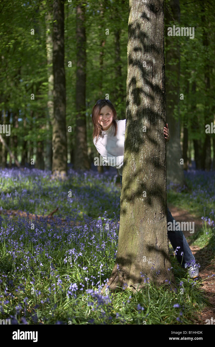 Young woman hiding behind a tree in Bluebell wood Stock Photo - Alamy