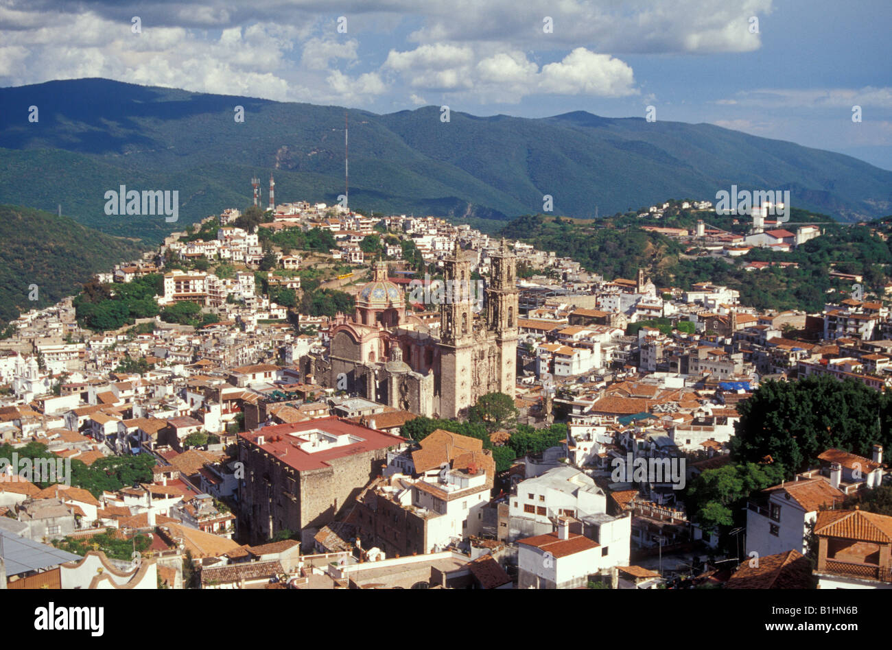 Aerial view of the Santa Prisca Church and the Spanish colonial town of ...