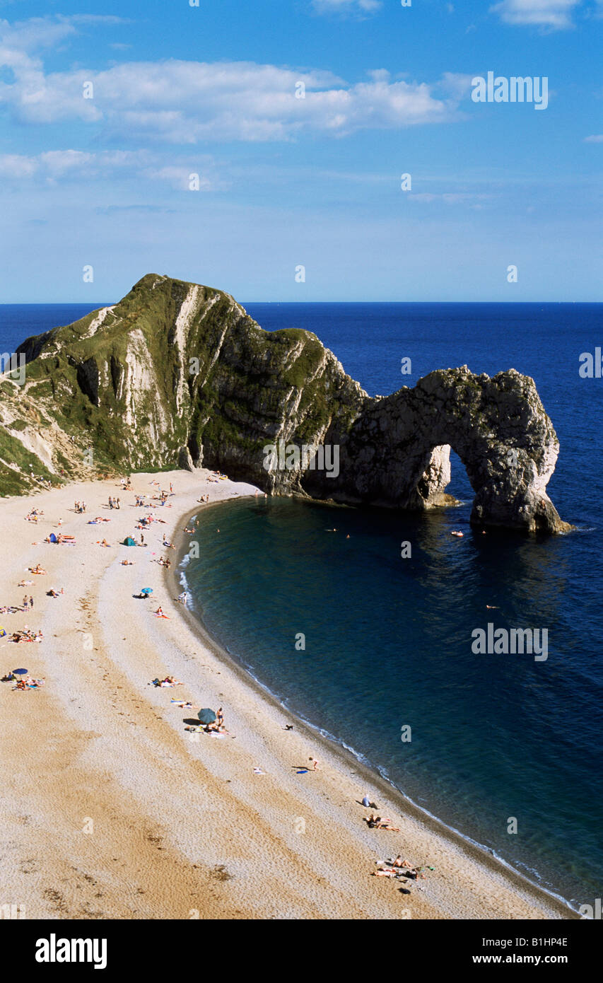 High angle view of rock formations on the beach, Durdle Door, Dorset ...