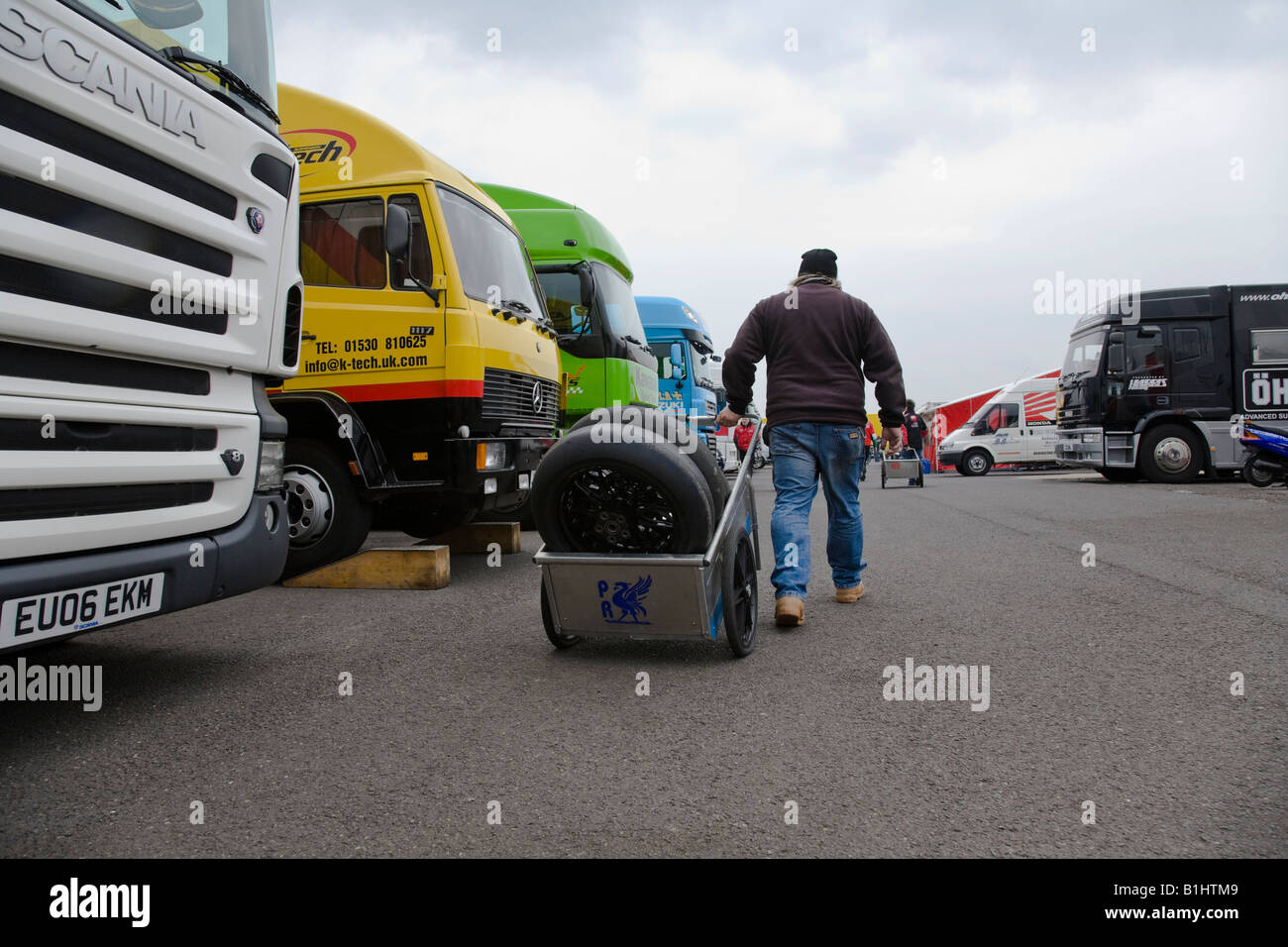 Racing motorcycle tyres are transported around the paddock at Thruxton ...