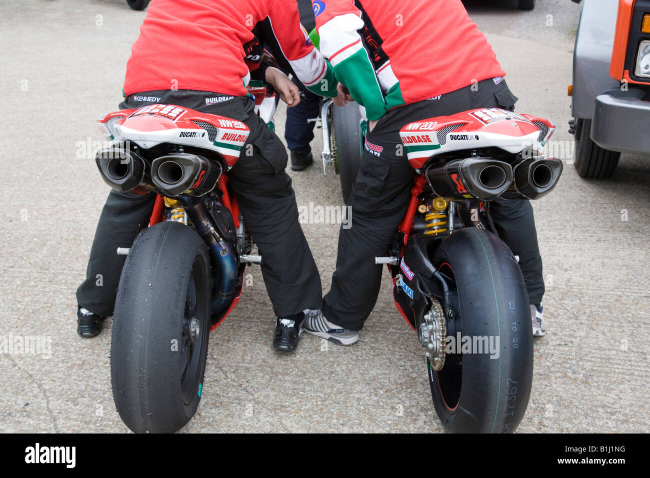 Close up of the rear of two NW200 Ducatis in the paddock at Thruxton ...