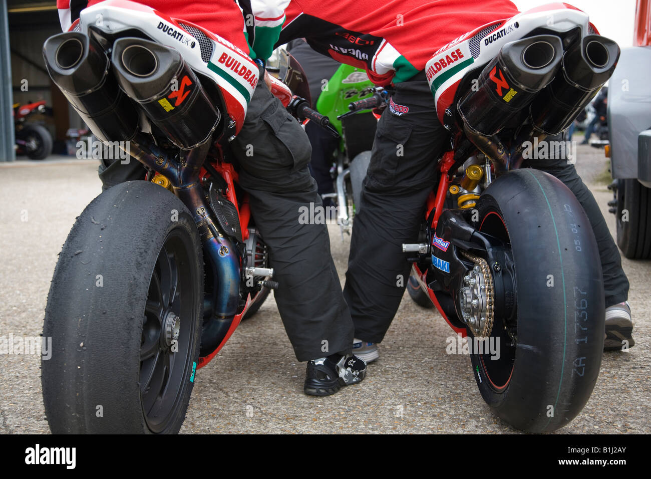 Close up of the rear of two NW200 Ducatis in the paddock at Thruxton ...