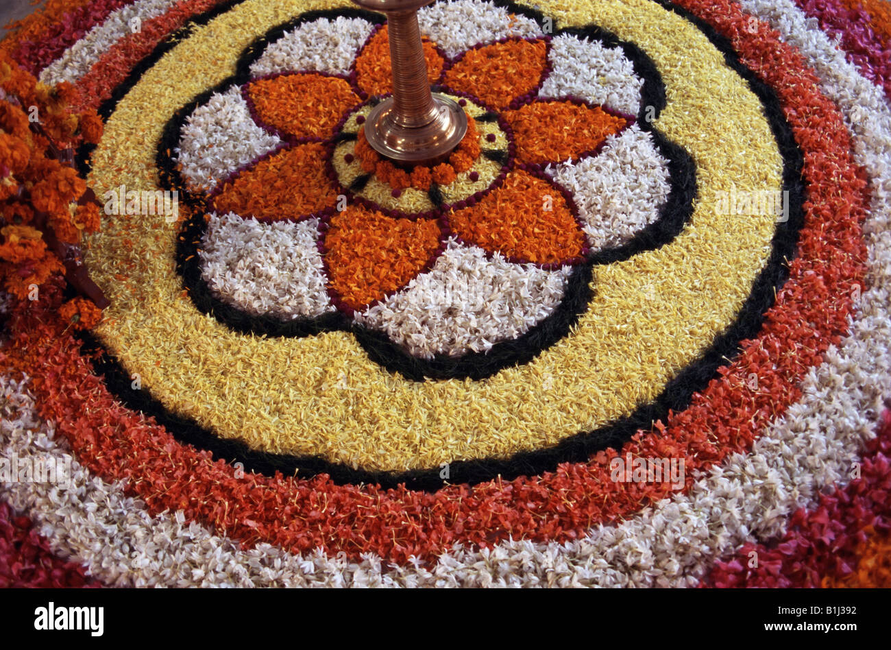 Close-up of a Pookalam the floral decoration during Onam festival ...