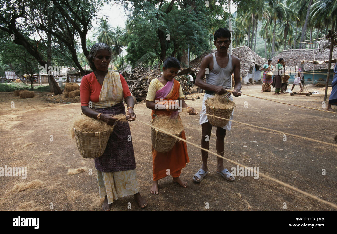 Two women and a man making coir ropes, Tamil Nadu, India Stock Photo ...