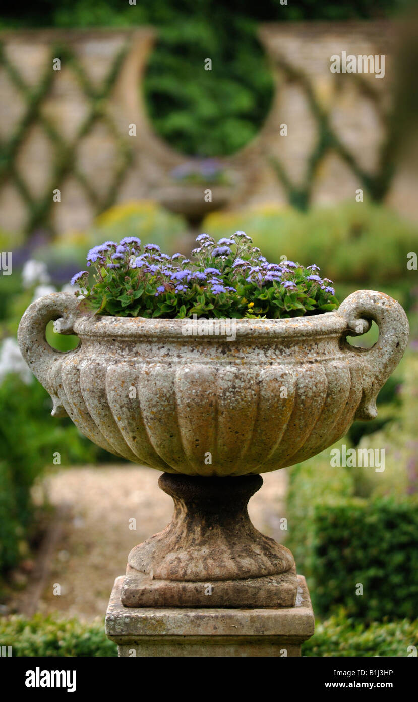 AN ANTIQUE STONE URN IN A WALLED GARDEN WITH DWARF BOX HEDGING AND AN ...
