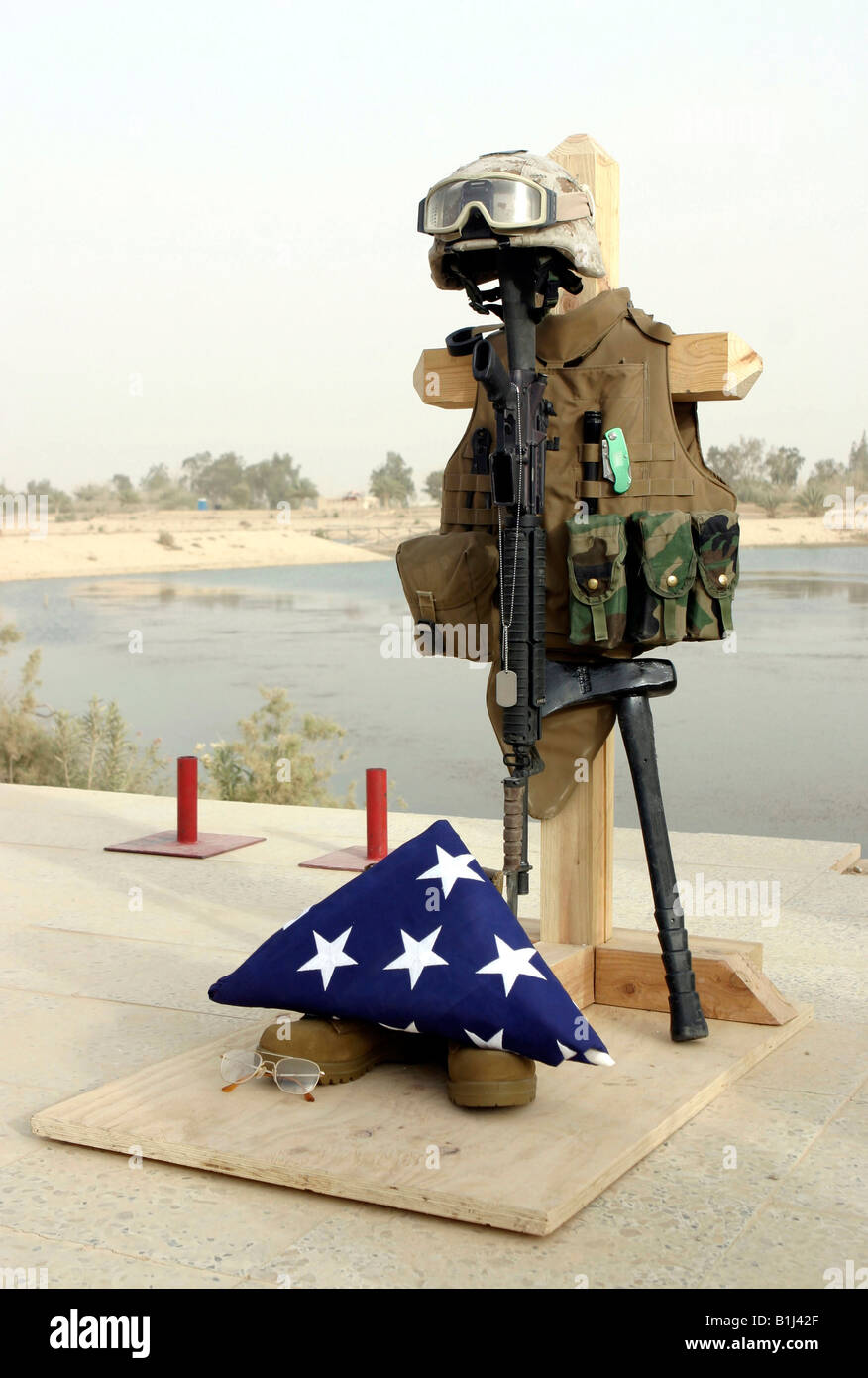 Fallen soldier's gear before the memorial service, Camp Baharia, Iraq ...