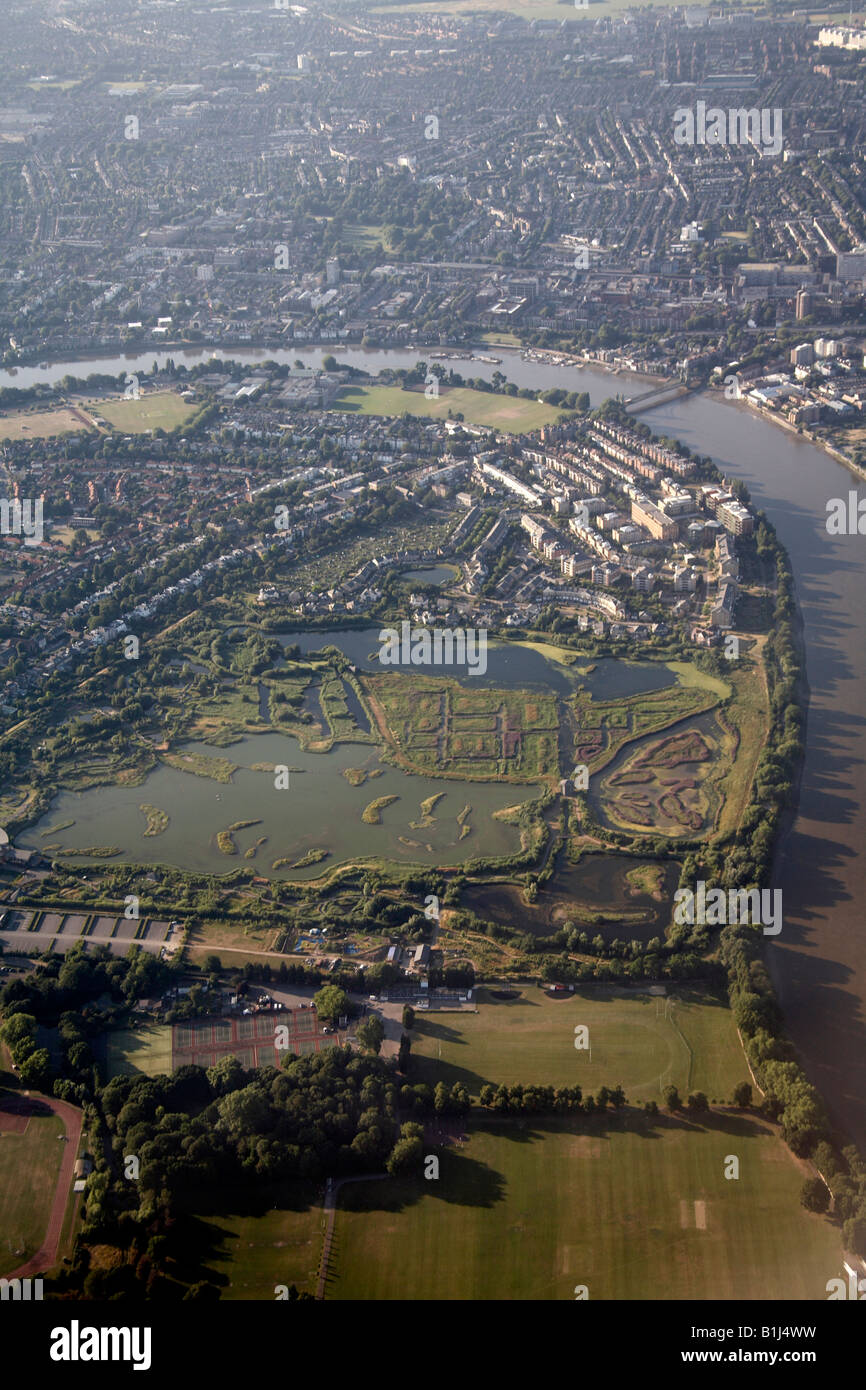 Aerial view north from commercial aircraft of Barnes Wetlands Centre ...