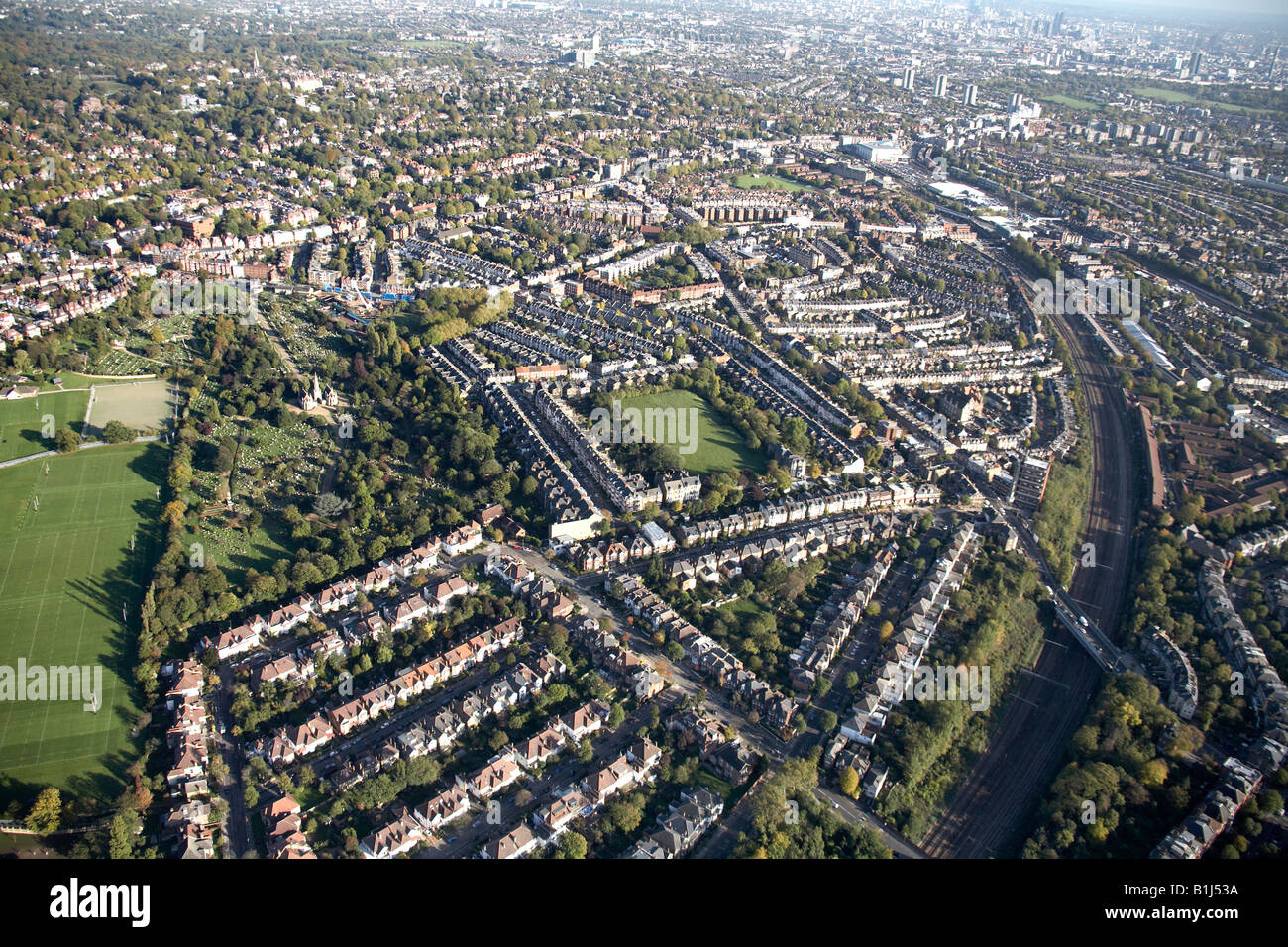 Aerial view north east of Hampstead Cemetery railway line suburban ...