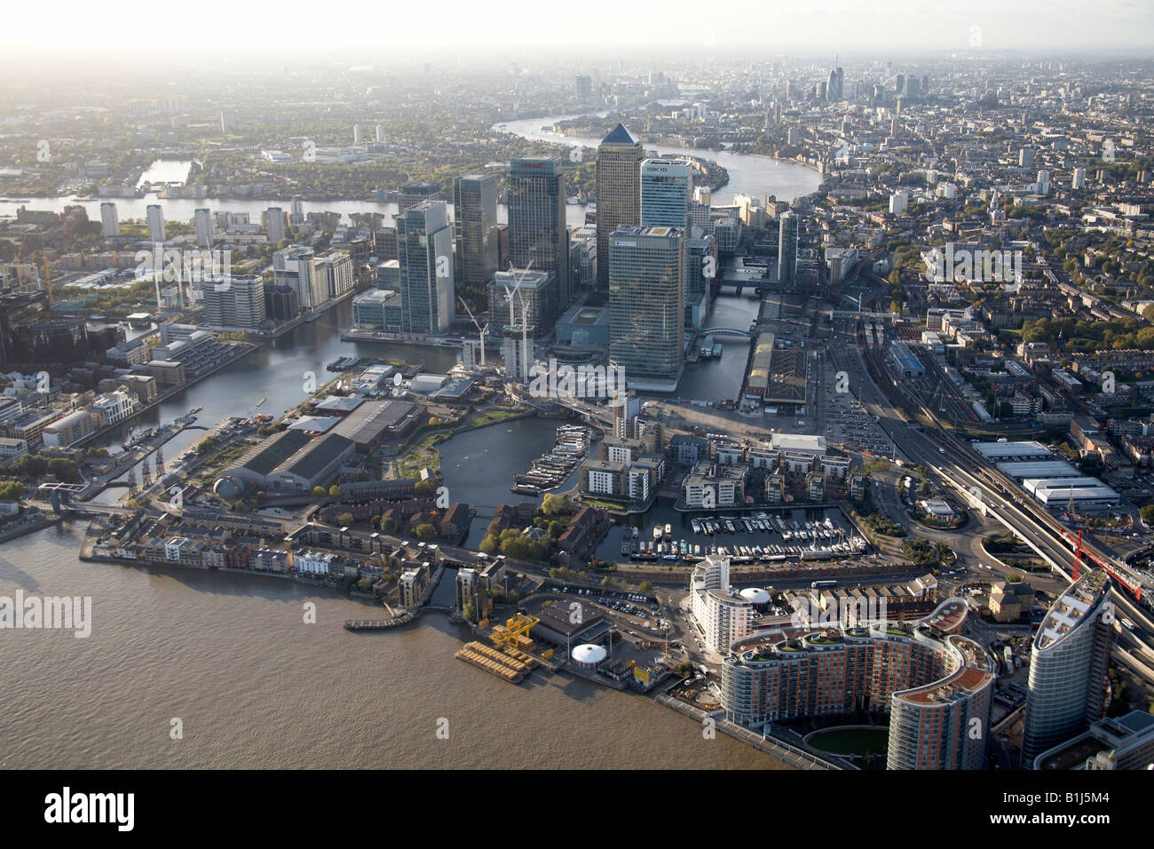 Aerial view south west of West India Docks Canary Wharf River Thames ...