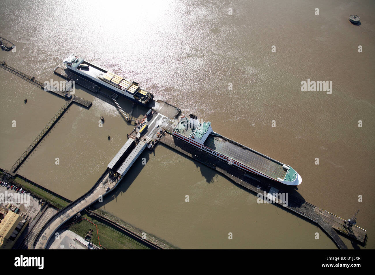 Aerial view south east of Roro Express Merchant Ship and Jetty River ...