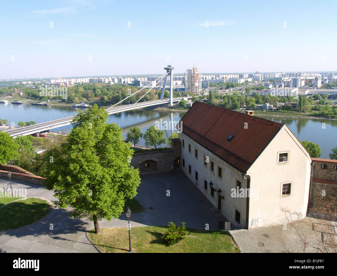 cityscape with the Danube river and the bridge Novy Most, Slovakia ...