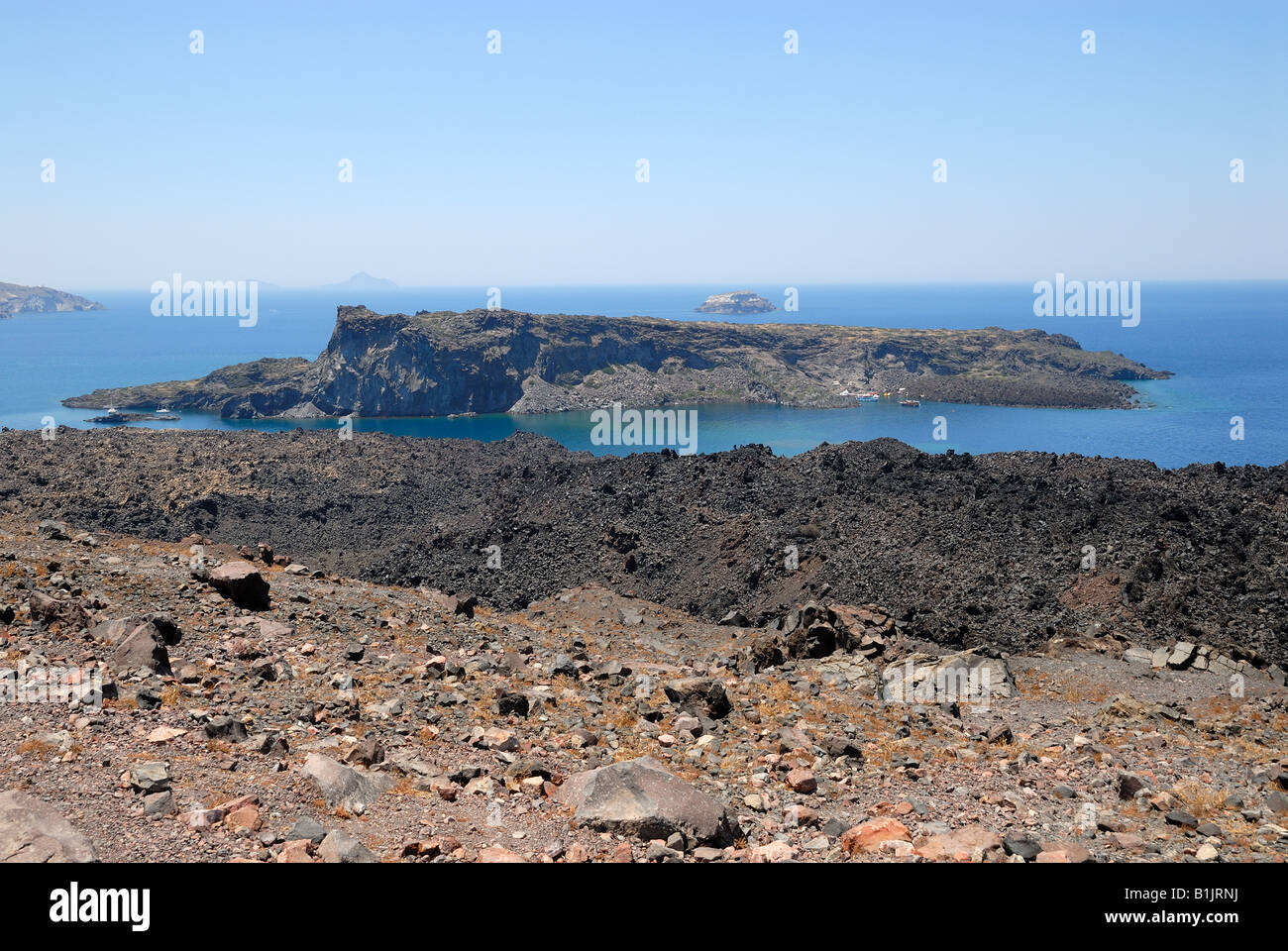 Volcanic islands Nea Kameni, Palea Kameni and Aspronisi in Greece Stock ...