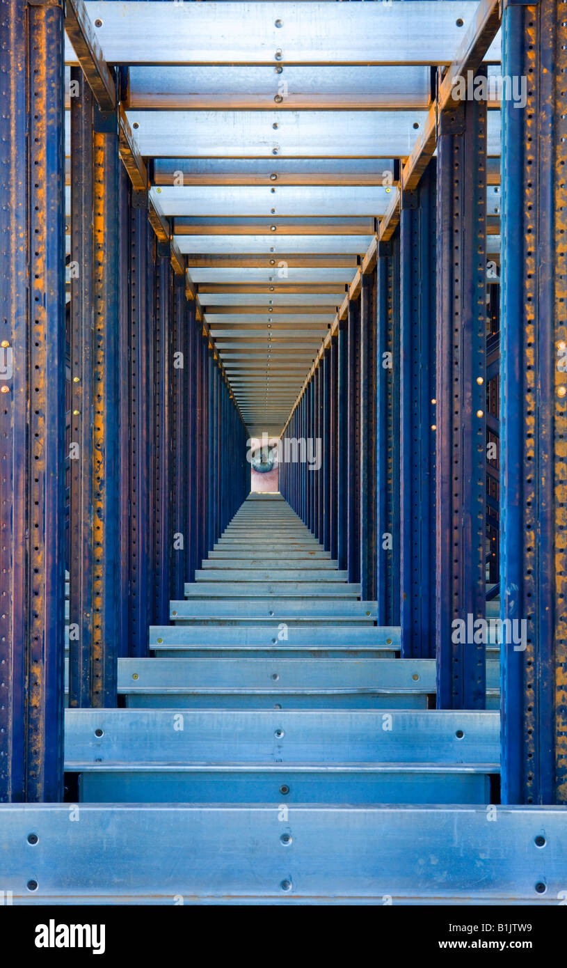 Geometrical steel beams form a tunnel leading to a human eye using ...