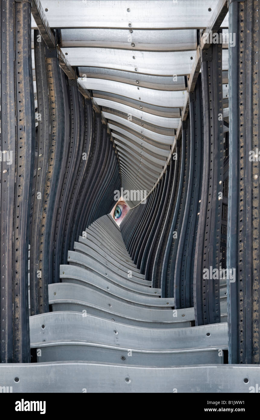 Twisted steel beams form a pattern or stairway to a human eye at the ...