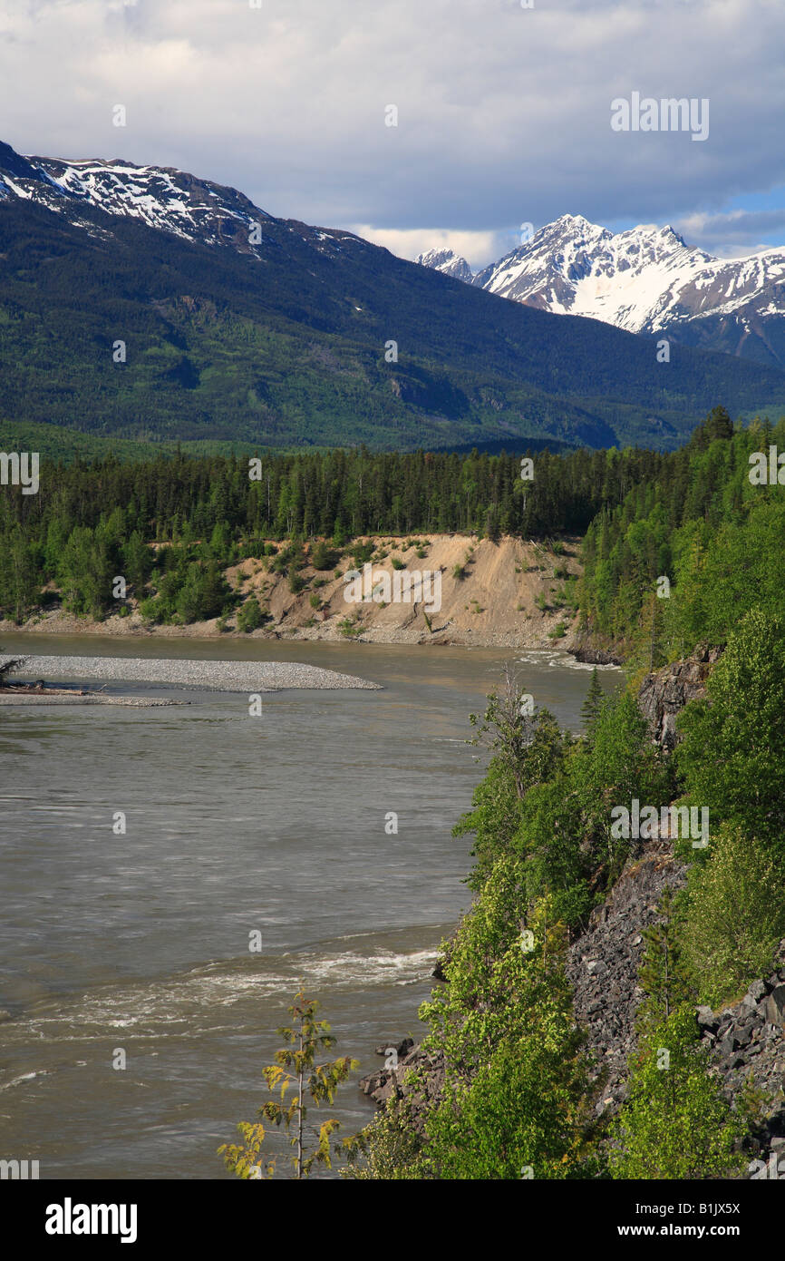 View of Skeena river and mountains from Highway 16 near Kitwanga BC ...