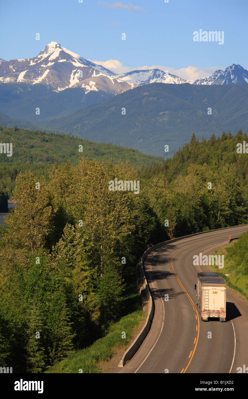 View of Skeena river and mountains along Highway 16 near Kitseguecla BC ...