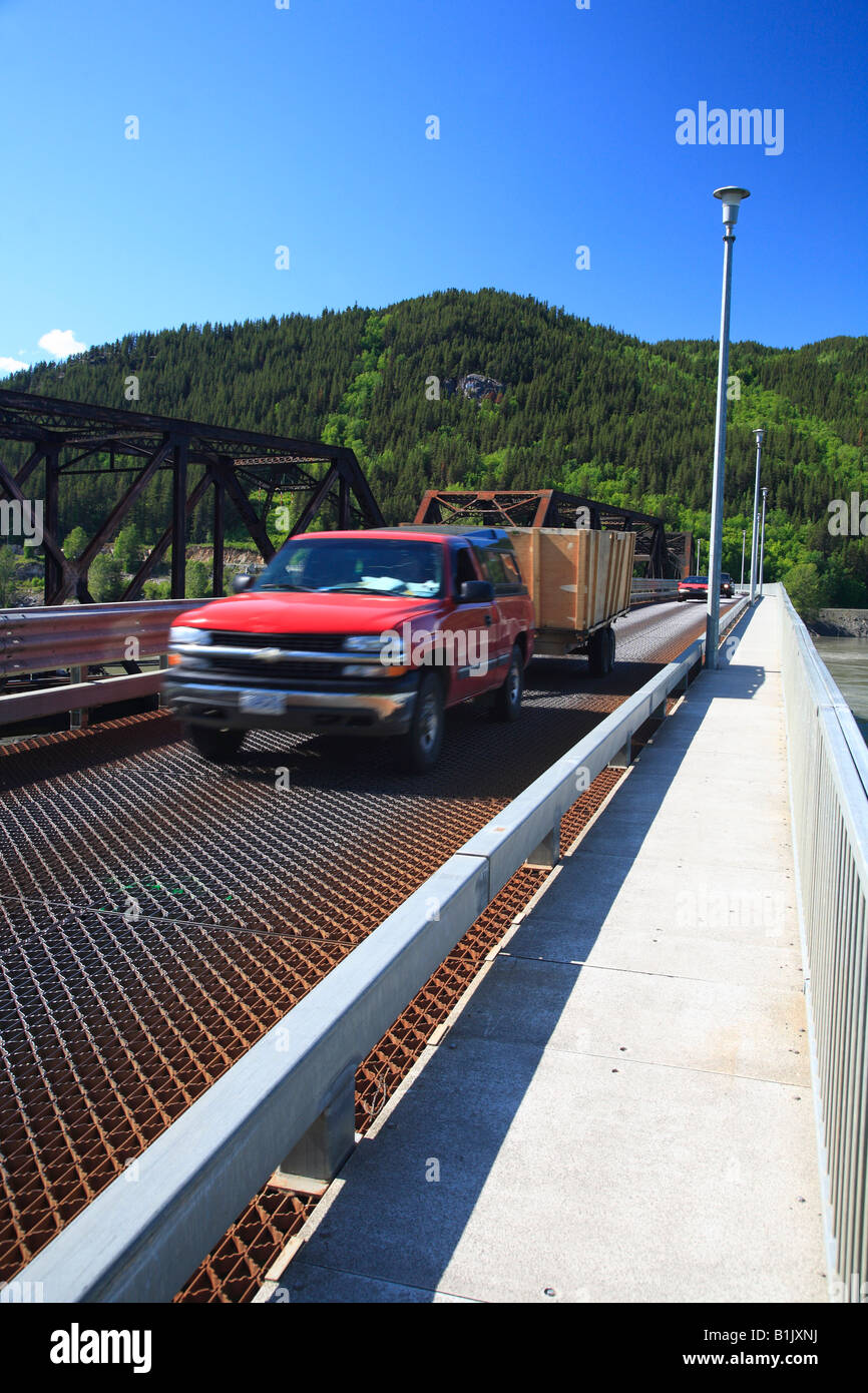 Traffic on old highway bridge crossing the Skeena river in Terrace BC ...