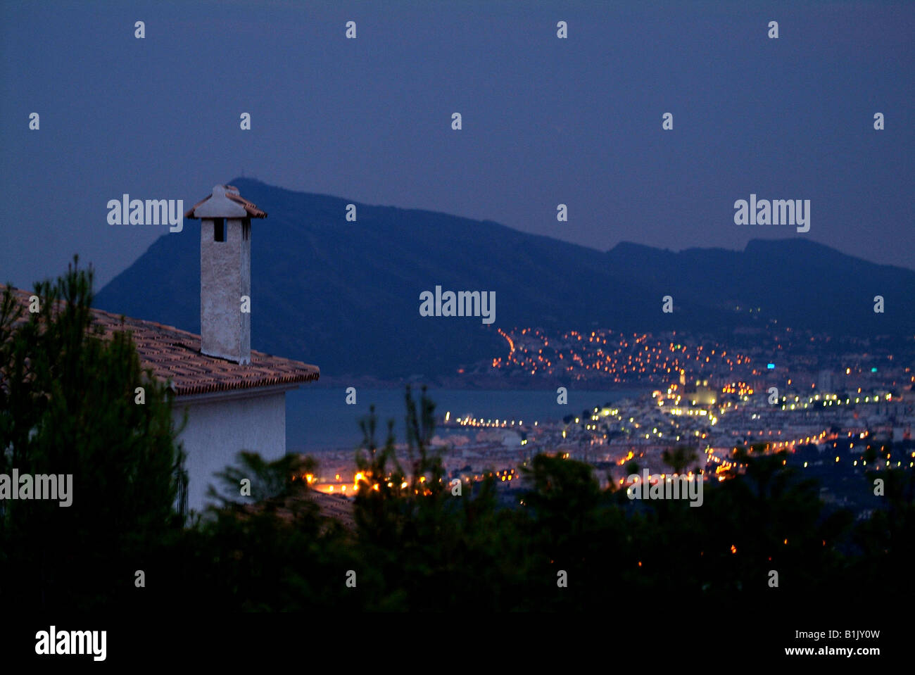 Looking across at night towards Altea towards Benidorm in Spain Stock ...