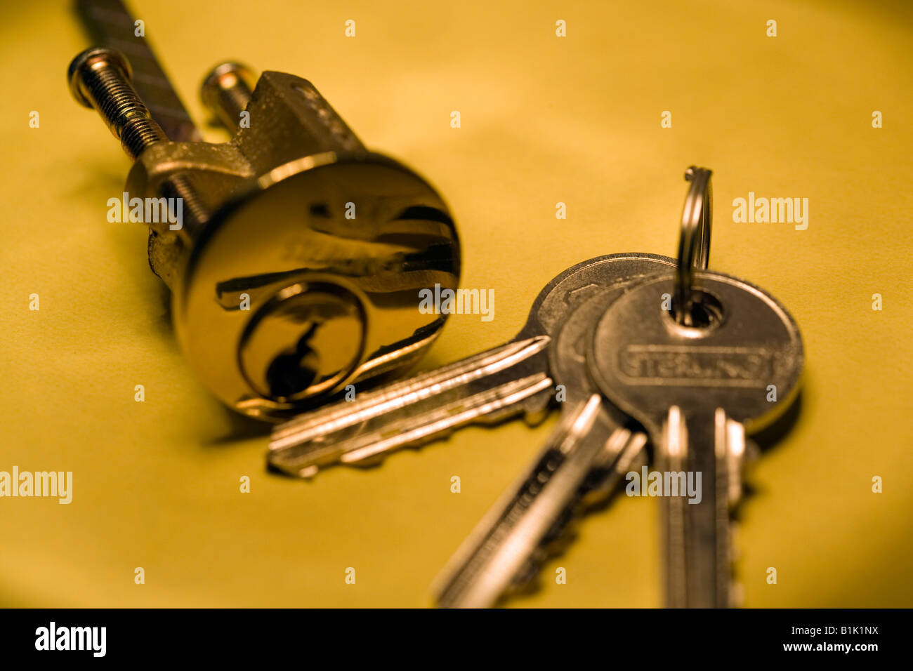 Yale type lock and three keys on a key ring, sterling cylinder lock ...