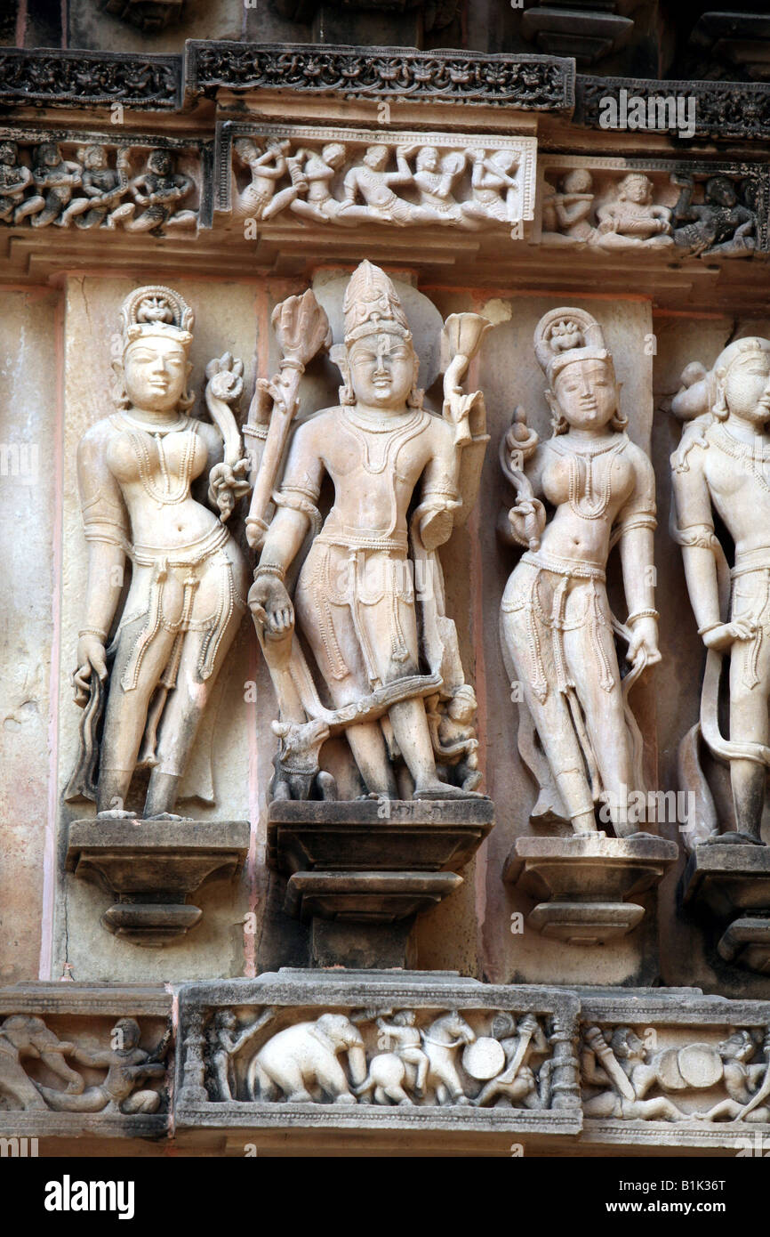 Detail of the stone carvings on the walls of the Kandariya Mahadeo ...