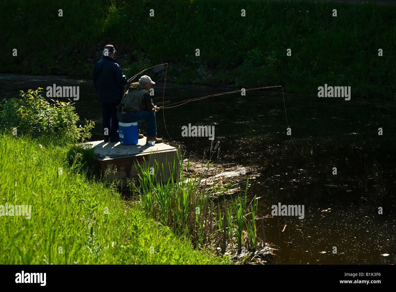 Two old friends fishing together at a small local pond Stock Photo - Alamy