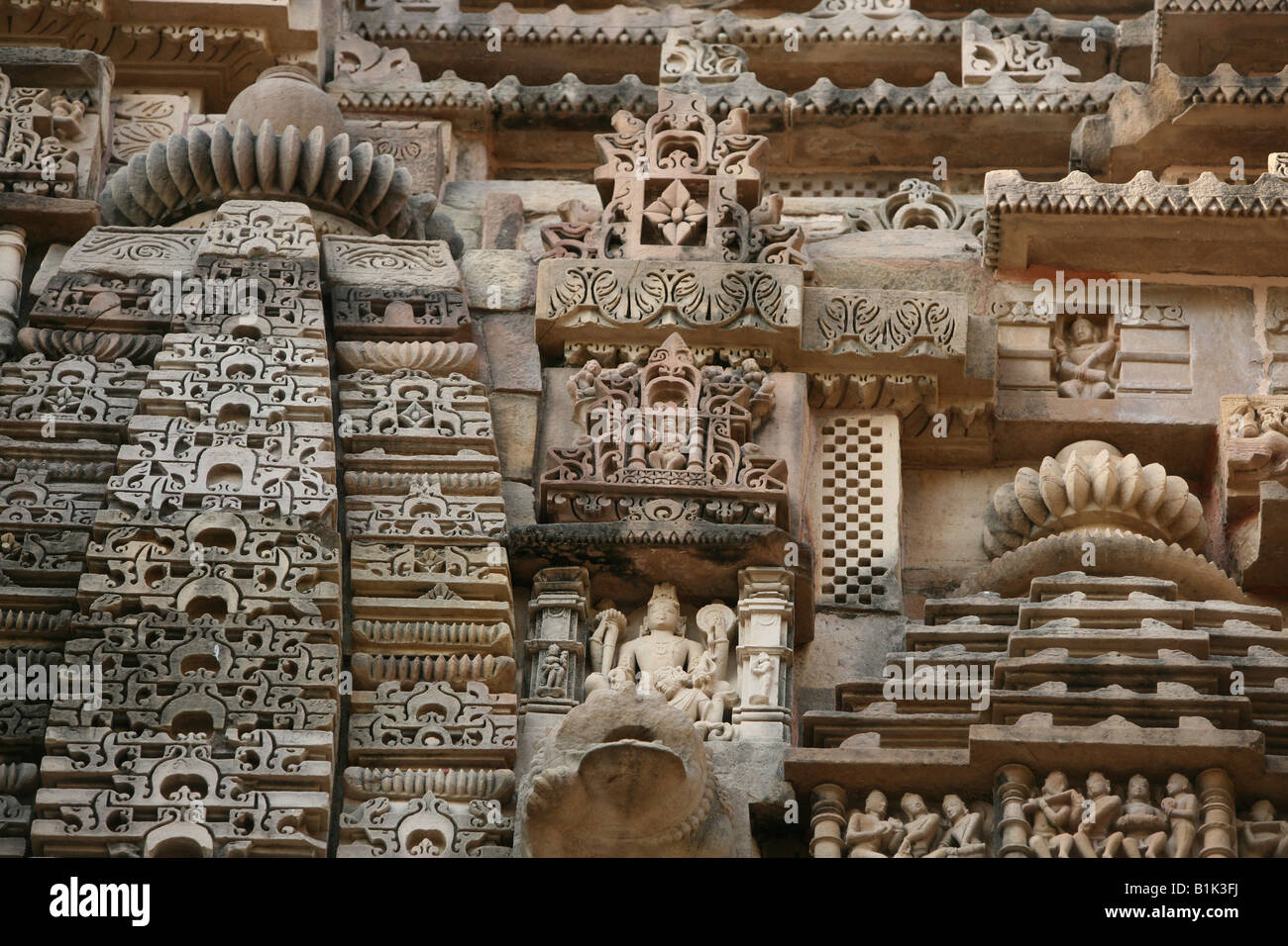 Detail of the stone carvings on the walls of the Kandariya Mahadeo ...
