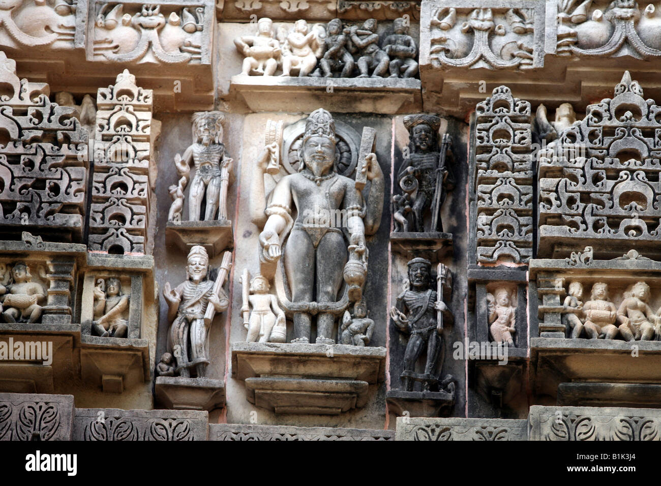 Detail of the stone carvings on the walls of the Kandariya Mahadeo ...
