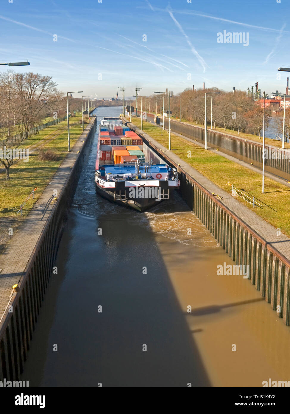 transport of container with a barge on the river Main barrage sluice by ...