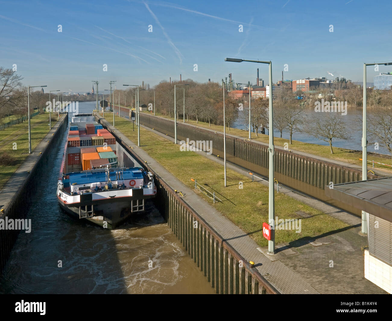 transport of container with a barge on the river Main barrage sluice by ...