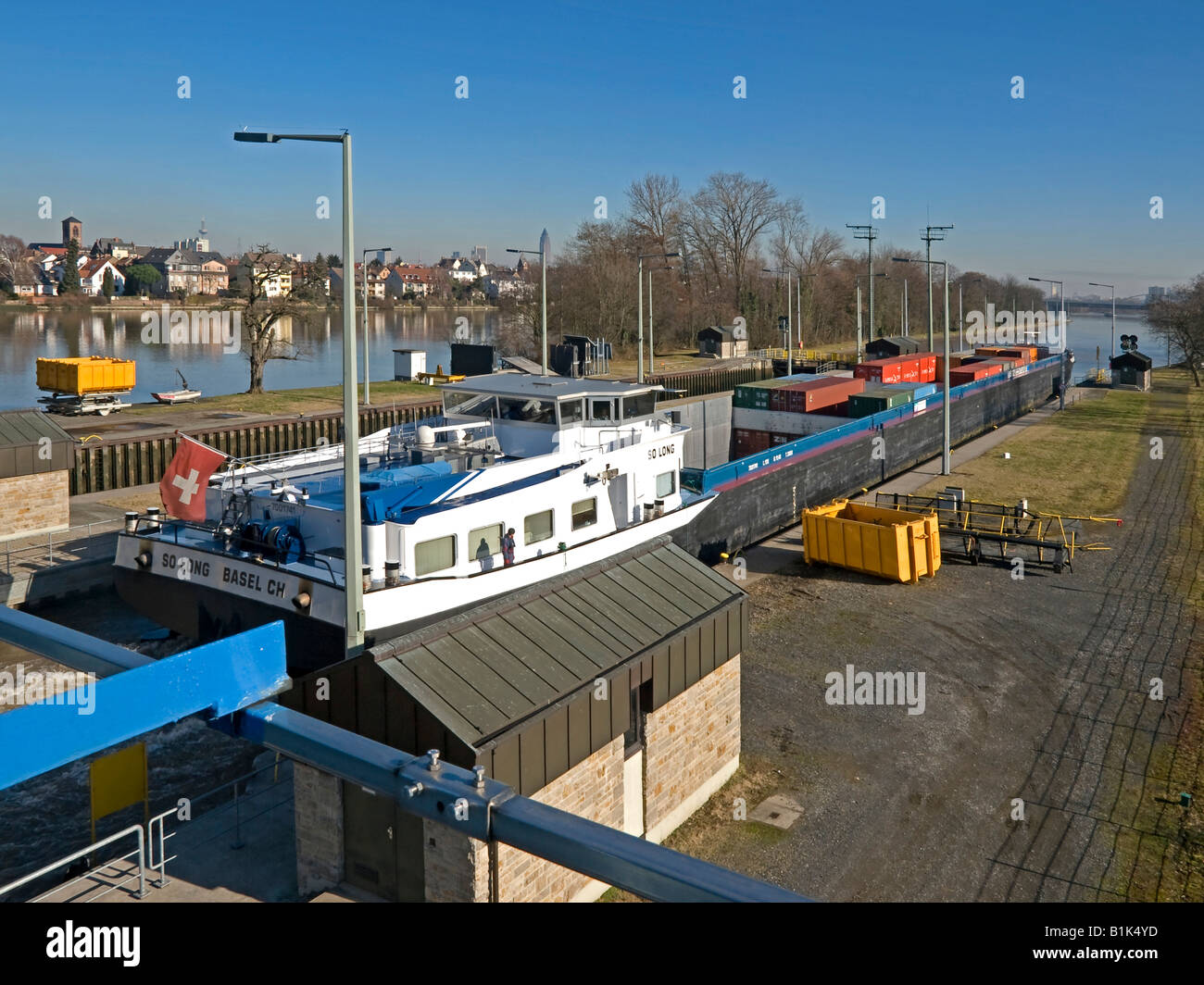 transport of container with a barge on the river Main barrage sluice by ...