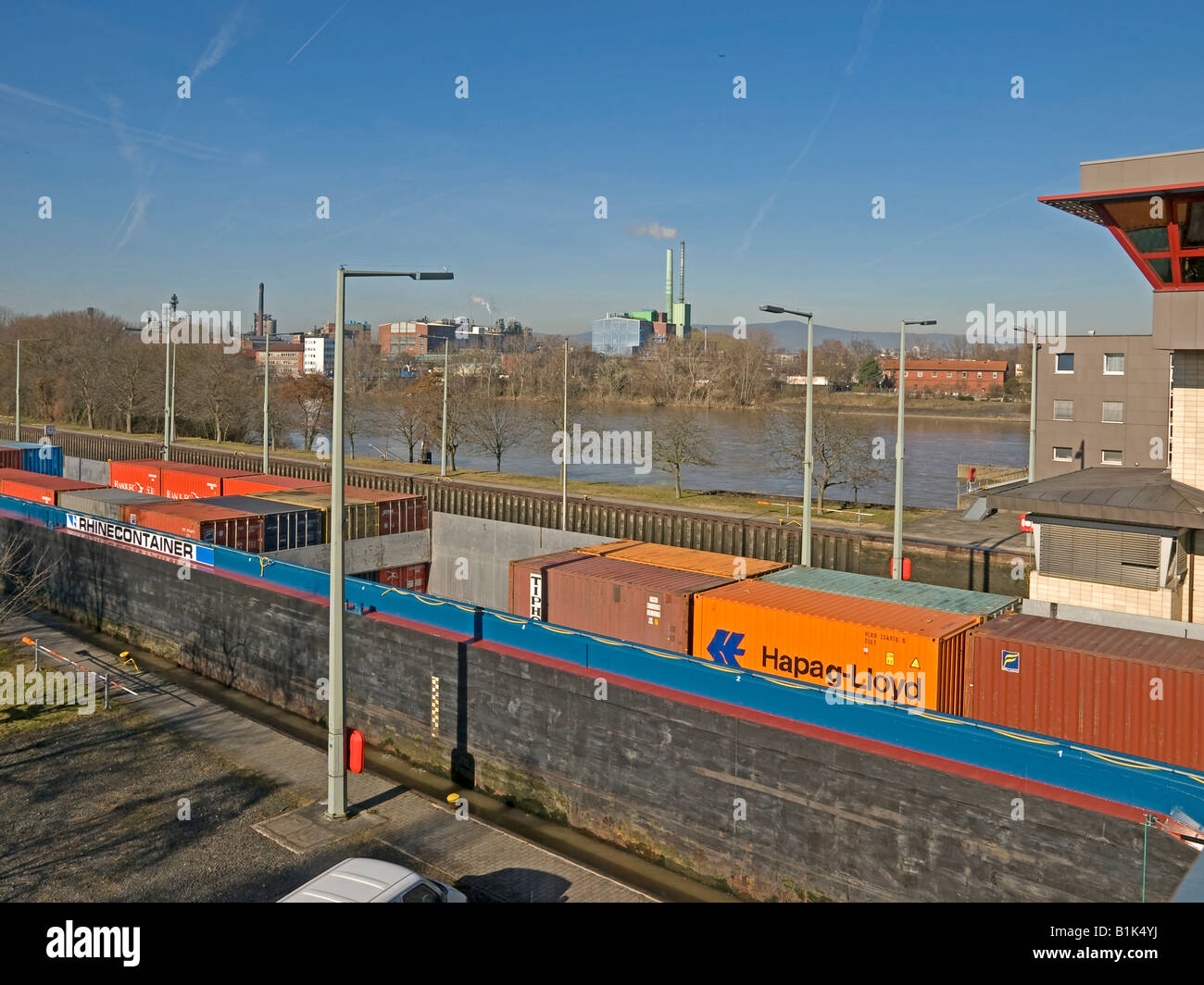 transport of container with a barge on the river Main barrage sluice by ...