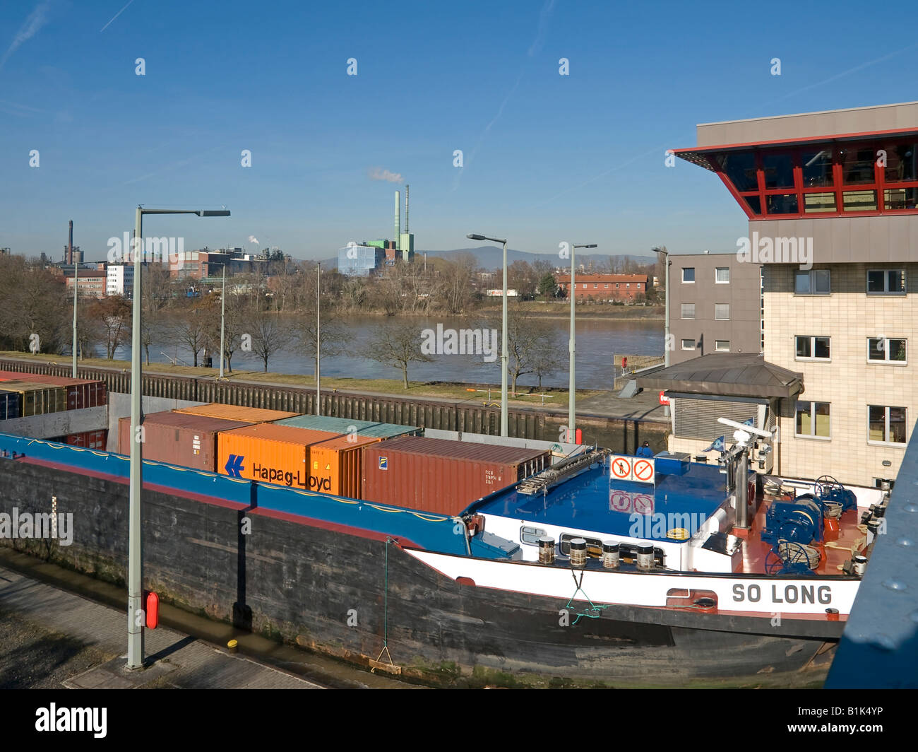 transport of container with a barge on the river Main barrage sluice by ...