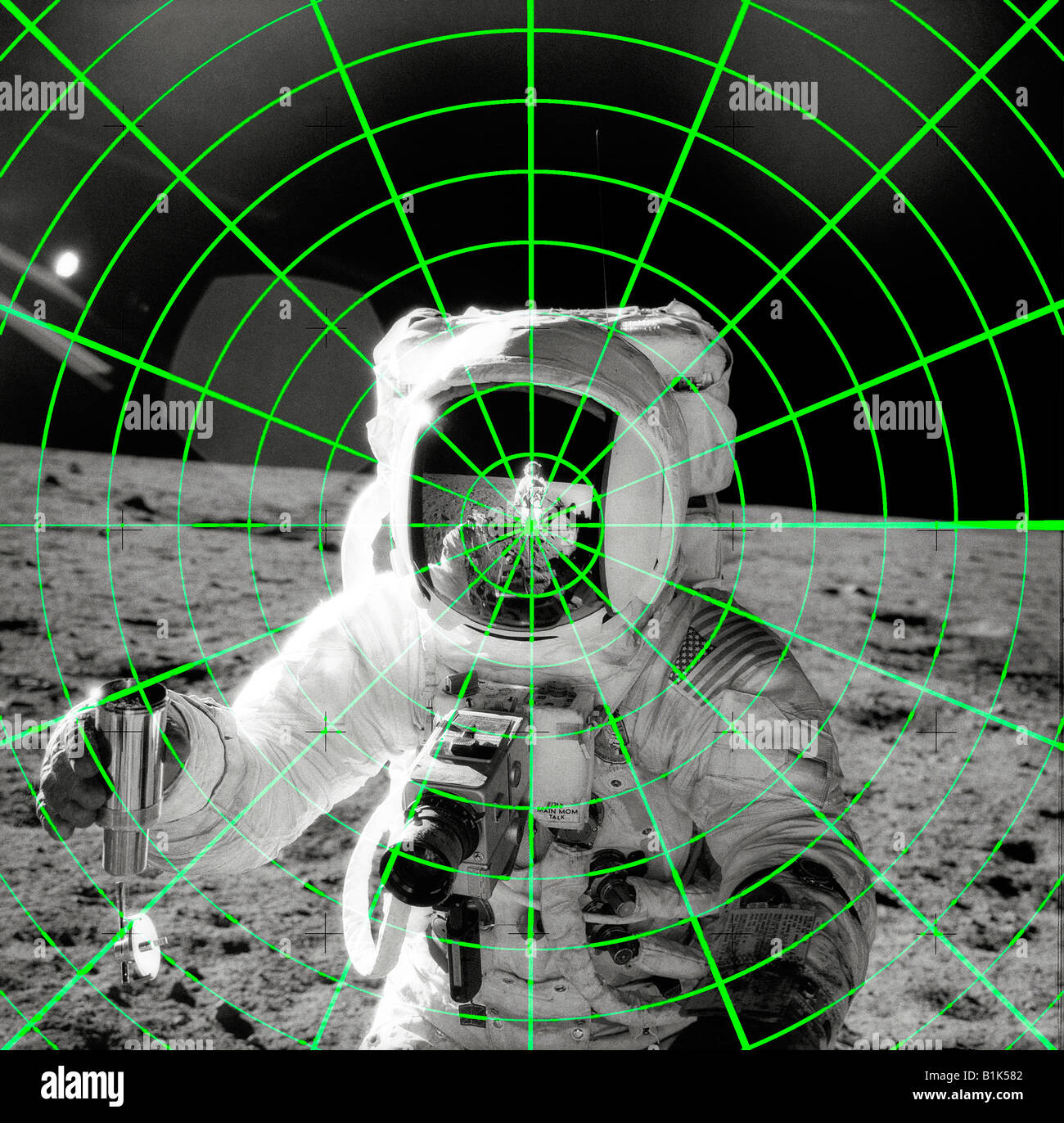 astronaut photographing on moon framed in computer generated radar ...